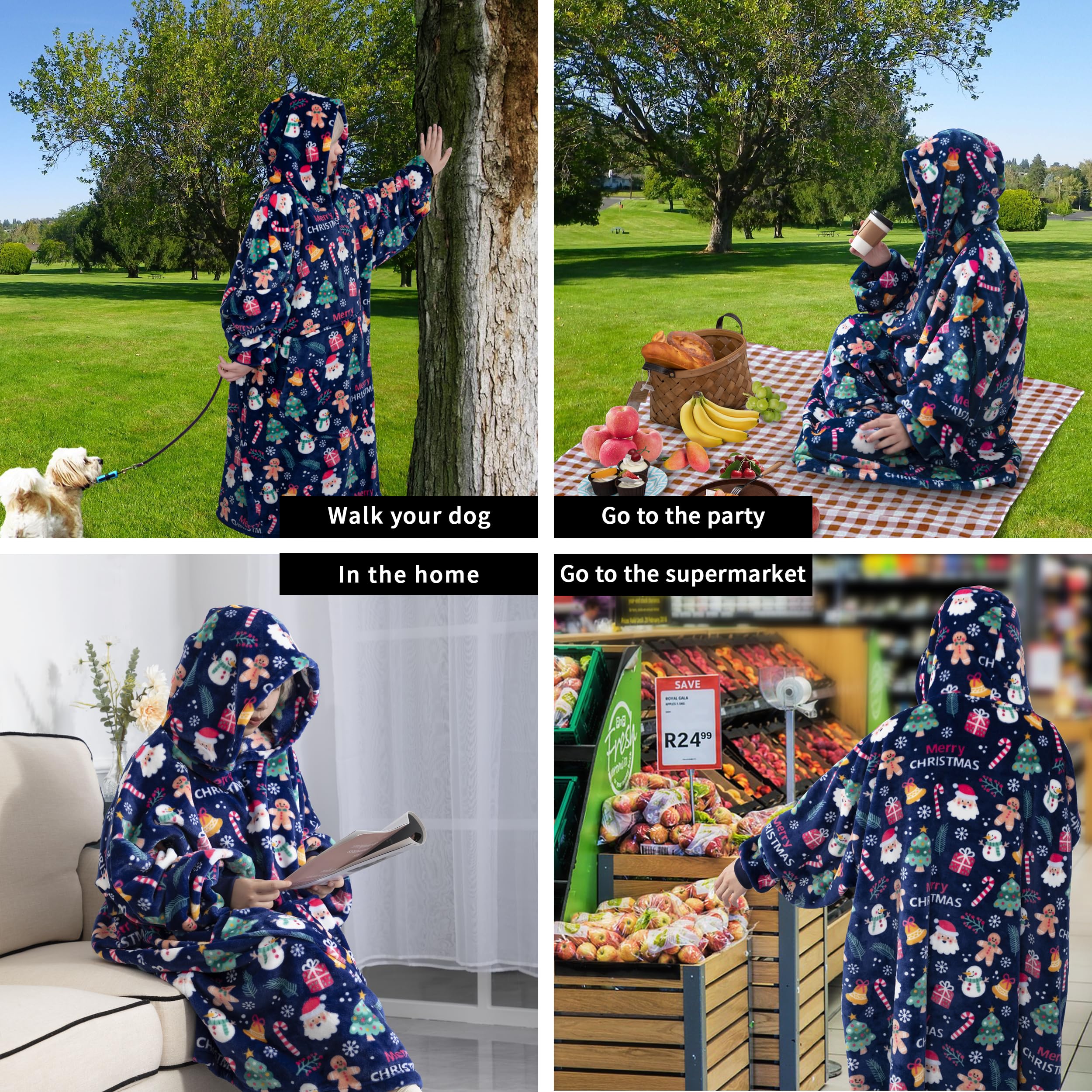 Easy-Going Oversized Flannel Wearable Blanket Hoodie for Adults, One Size Fits All, Christmas