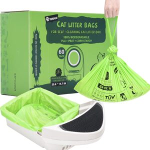 petocat drawstring biodegradable cat litter bags fit catlink self cleaning cat litter box heavy duty cat litter liner for robot 3 4,100% compostable trash bags (25.6" x 15.7"- 60 count)