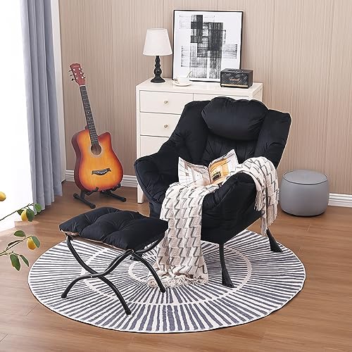 Givjoy Lazy Chair and Ottoman, Large Accent Lounge Chair with Armrests and a Side Pocket, Modern Leisure Upholstered Sofa Reading Armchair with Footrest for Bedroom, Living Room, Dorm Rooms, Office