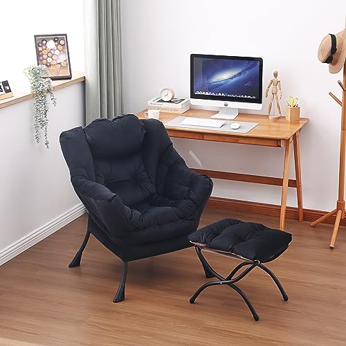 Givjoy Lazy Chair and Ottoman, Large Accent Lounge Chair with Armrests and a Side Pocket, Modern Leisure Upholstered Sofa Reading Armchair with Footrest for Bedroom, Living Room, Dorm Rooms, Office