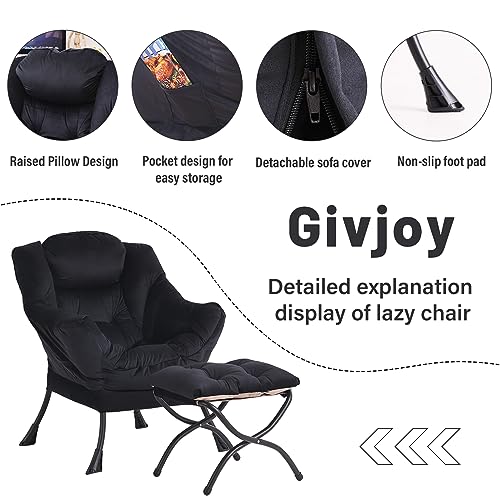 Givjoy Lazy Chair and Ottoman, Large Accent Lounge Chair with Armrests and a Side Pocket, Modern Leisure Upholstered Sofa Reading Armchair with Footrest for Bedroom, Living Room, Dorm Rooms, Office