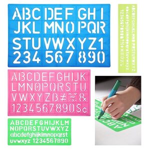 bewudy 4 pieces letter stencils set, plastic alphabet stencil letters number stencils ruler guide lines for drawing stencil painting learning diy 4 colours with 4 size