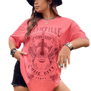 SOLY HUX Women's Plus Size Oversized Graphic Tees Letter Print Half Sleeve Summer T Shirts Tops Watermelon Pink Letter 2XL