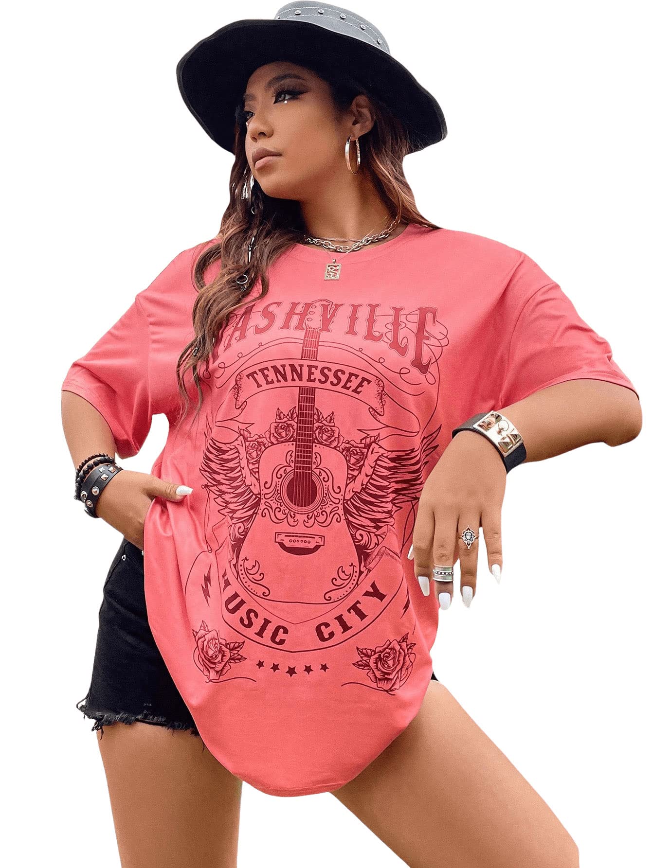 SOLY HUX Women's Plus Size Oversized Graphic Tees Letter Print Half Sleeve Summer T Shirts Tops Watermelon Pink Letter 2XL