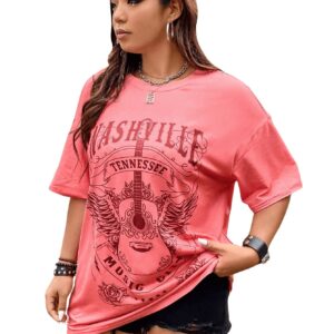 SOLY HUX Women's Plus Size Oversized Graphic Tees Letter Print Half Sleeve Summer T Shirts Tops Watermelon Pink Letter 2XL