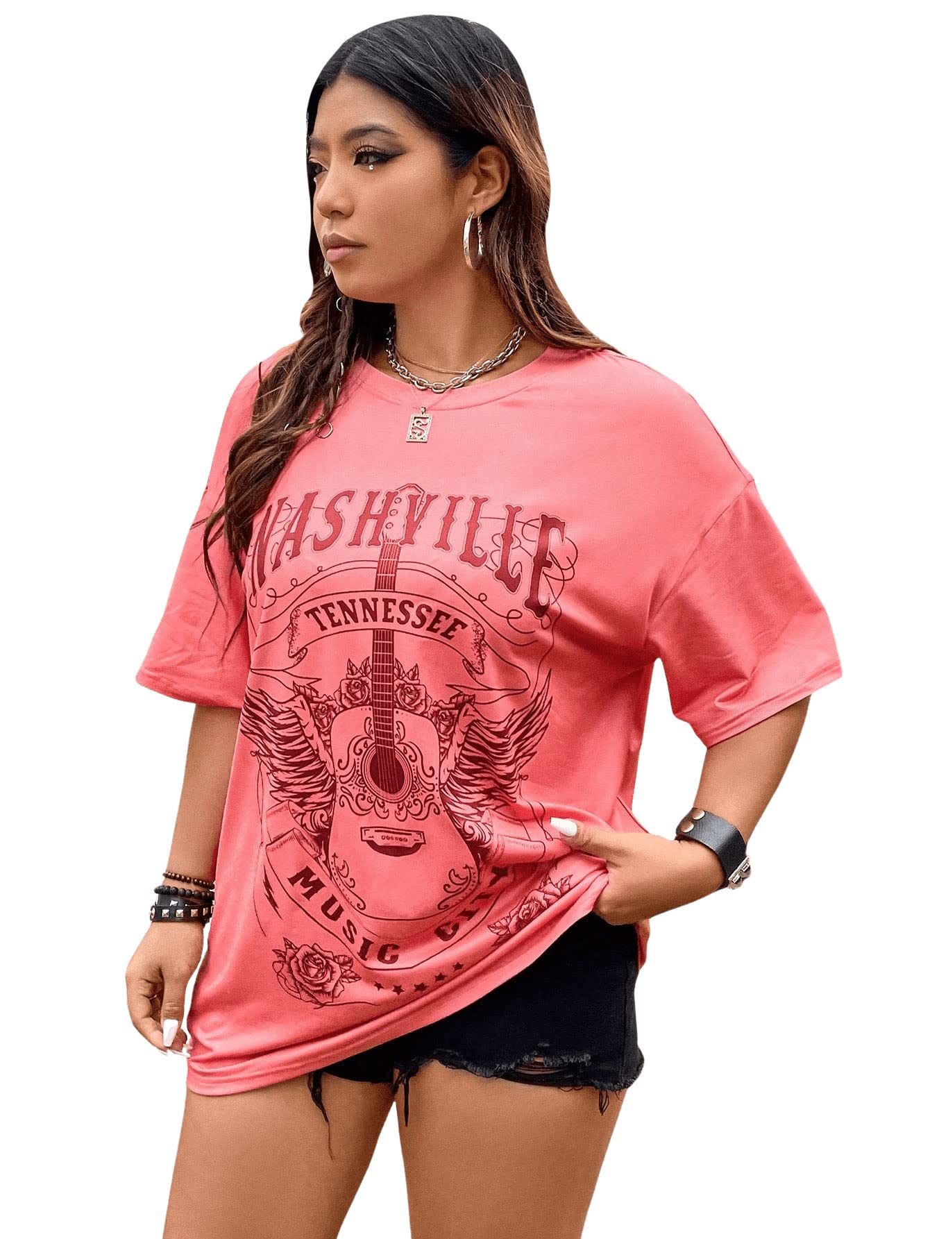 SOLY HUX Women's Plus Size Oversized Graphic Tees Letter Print Half Sleeve Summer T Shirts Tops Watermelon Pink Letter 2XL