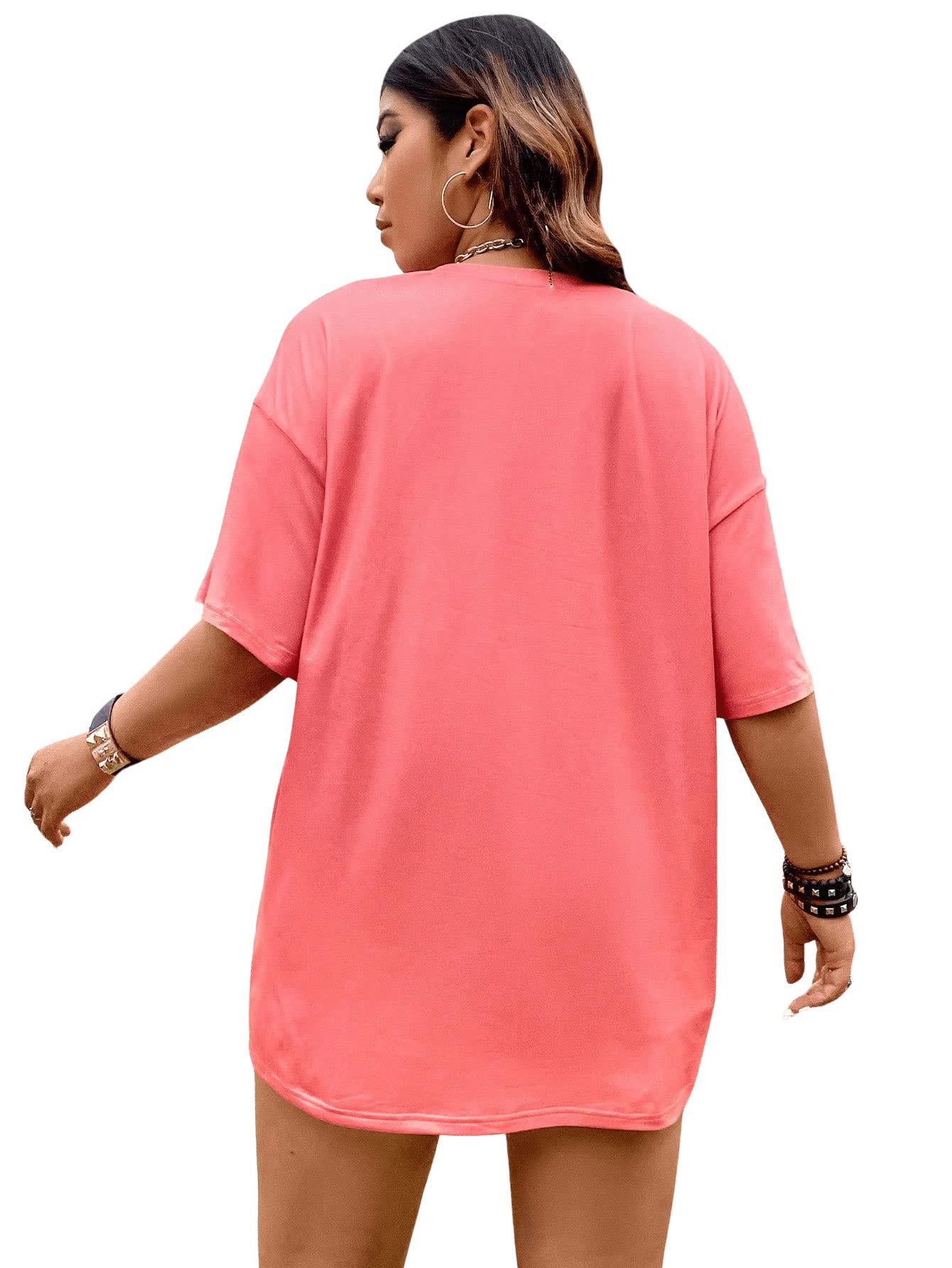 SOLY HUX Women's Plus Size Oversized Graphic Tees Letter Print Half Sleeve Summer T Shirts Tops Watermelon Pink Letter 2XL