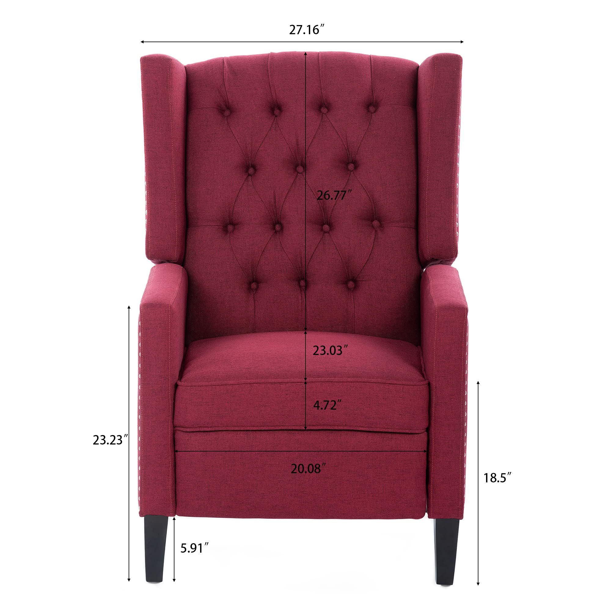 Bellemave Wingback Recliner Chair,Breathable Fabric Push Back Recliner Chair for Living Room and Small Spaces,Manual Pushback Recliner Sofa with Nailhead Accents,Wooden Legs(WINE RED)