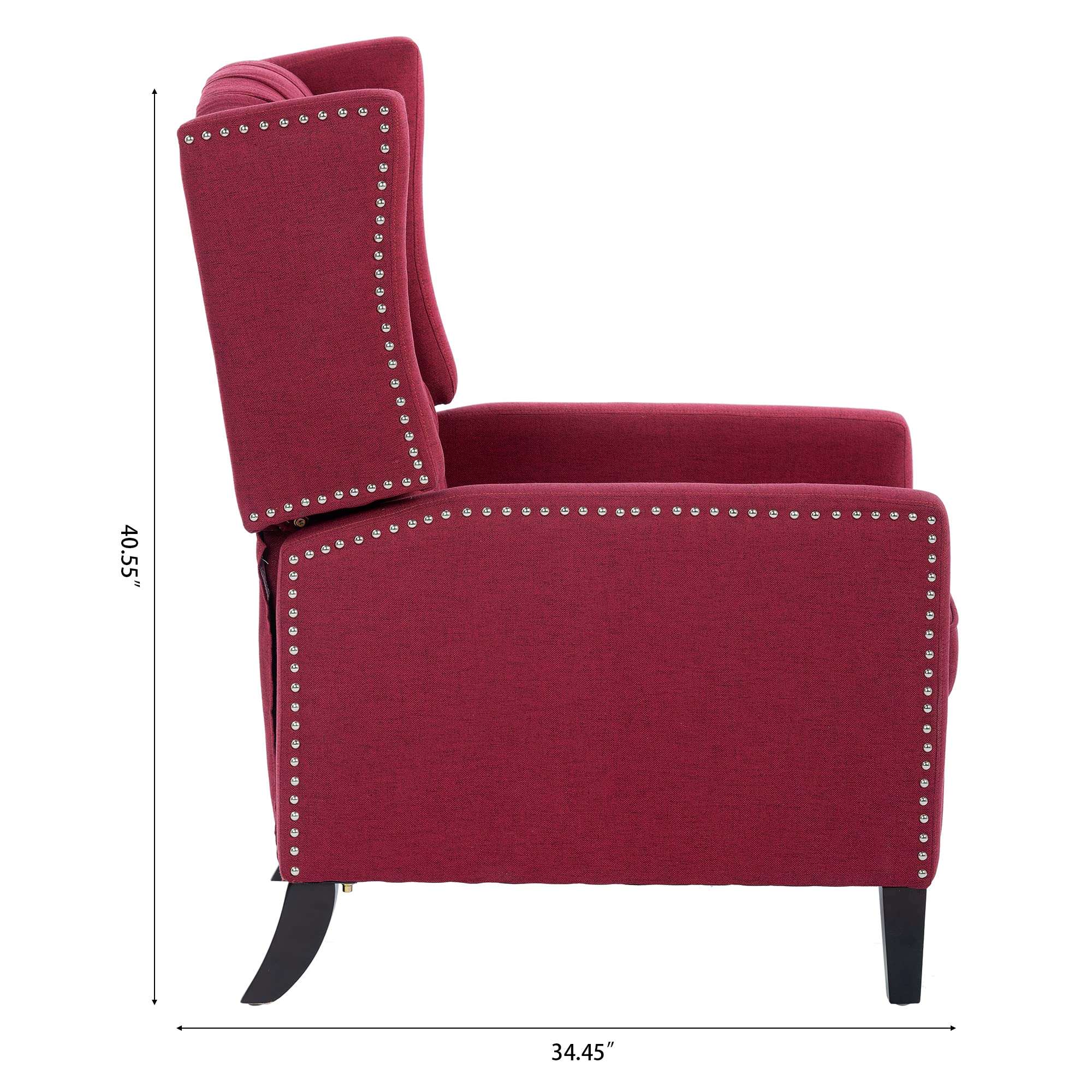 Bellemave Wingback Recliner Chair,Breathable Fabric Push Back Recliner Chair for Living Room and Small Spaces,Manual Pushback Recliner Sofa with Nailhead Accents,Wooden Legs(WINE RED)