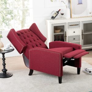 Bellemave Wingback Recliner Chair,Breathable Fabric Push Back Recliner Chair for Living Room and Small Spaces,Manual Pushback Recliner Sofa with Nailhead Accents,Wooden Legs(WINE RED)