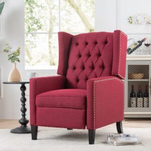 Bellemave Wingback Recliner Chair,Breathable Fabric Push Back Recliner Chair for Living Room and Small Spaces,Manual Pushback Recliner Sofa with Nailhead Accents,Wooden Legs(WINE RED)