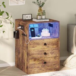 likimio nightstand with charging station and 3 drawers, led lights end side table with interchangeable sockets and hooks, vintage brown