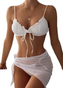 lilosy petite sexy 3 piece skirt cover ups bikini set ruffle ribbed g string tie triangle thong coverups swimsuit women high cut cheeky brazilian bottom bathing suit white x-small