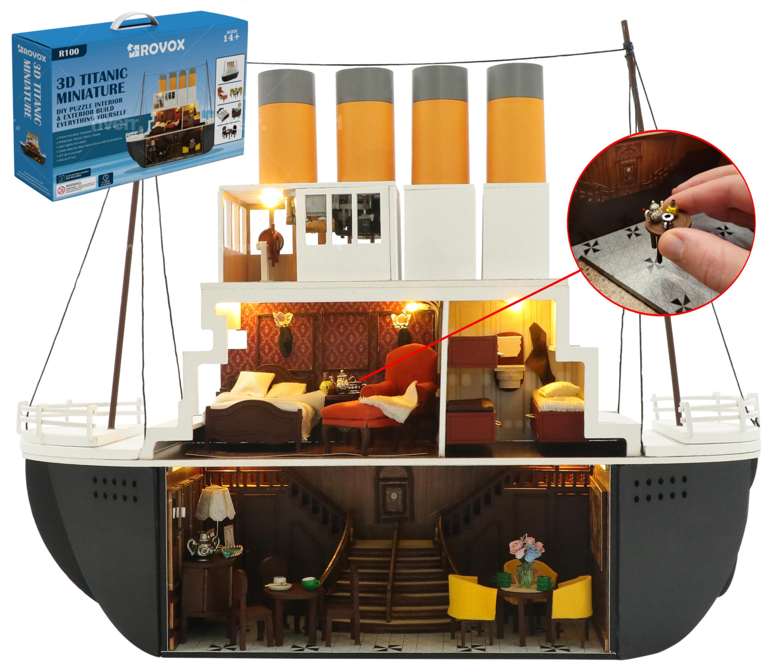 Rovox DIY Miniature Dollhouse Kit Build Yourself DIY Titanic Ship with Furniture Crafts Tiny Home Kit House Building Kit Model with LED Lights and Music for Adults Teens Gift Idea for 14+