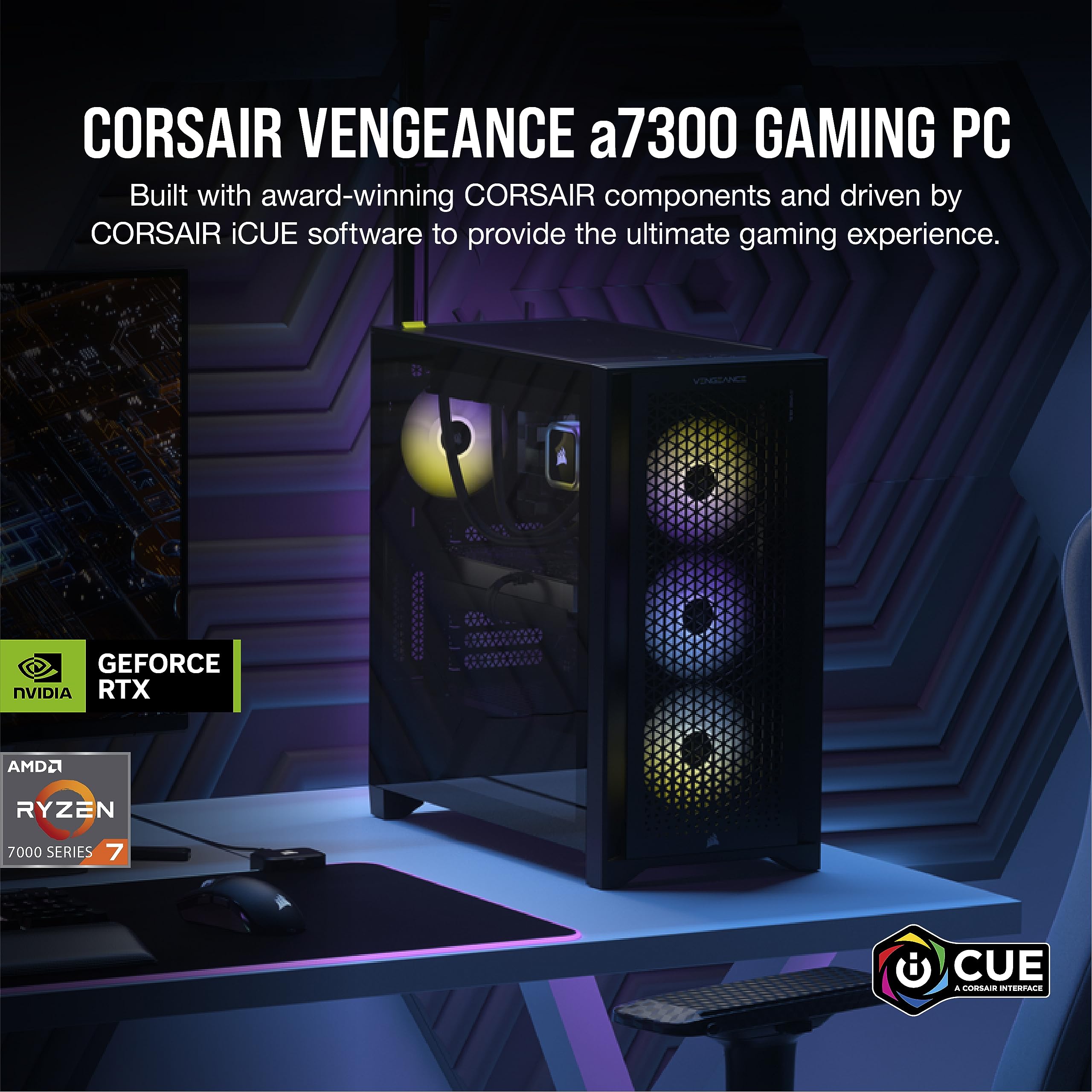 Corsair Vengeance a7300 Series Gaming PC - Liquid Cooled AMD Ryzen™ 7 7700X CPU - NVIDIA® GeForce RTX™ 4070 Graphics - 32GB Vengeance RGB DDR5 5600MHz Memory - 1TB M.2 NVMe SSD - Black