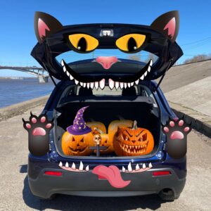 poilkmni halloween black cat trunk or treat car decorations kit, halloween garage door decorations with eyes, fangs, tongue, nostrils double side stickers for car suv & truck, halloween decorations