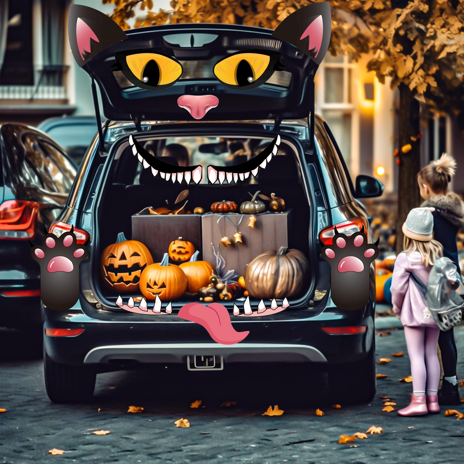 POILKMNI Halloween Black Cat Trunk or Treat Car Decorations Kit, Halloween Garage Door Decorations with Eyes, Fangs, Tongue, Nostrils Double Side Stickers for Car SUV & Truck, Halloween Decorations