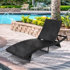 PE Rattan Chaise Lounge Chair, Outdoor Reclining Chaise Bed with Adjustable Backrest Easy to Move and Assemble Brown Rattan Perfect for Backyards, Poolside, Deck, Patio Blue Mat Load Capacity 333lbs