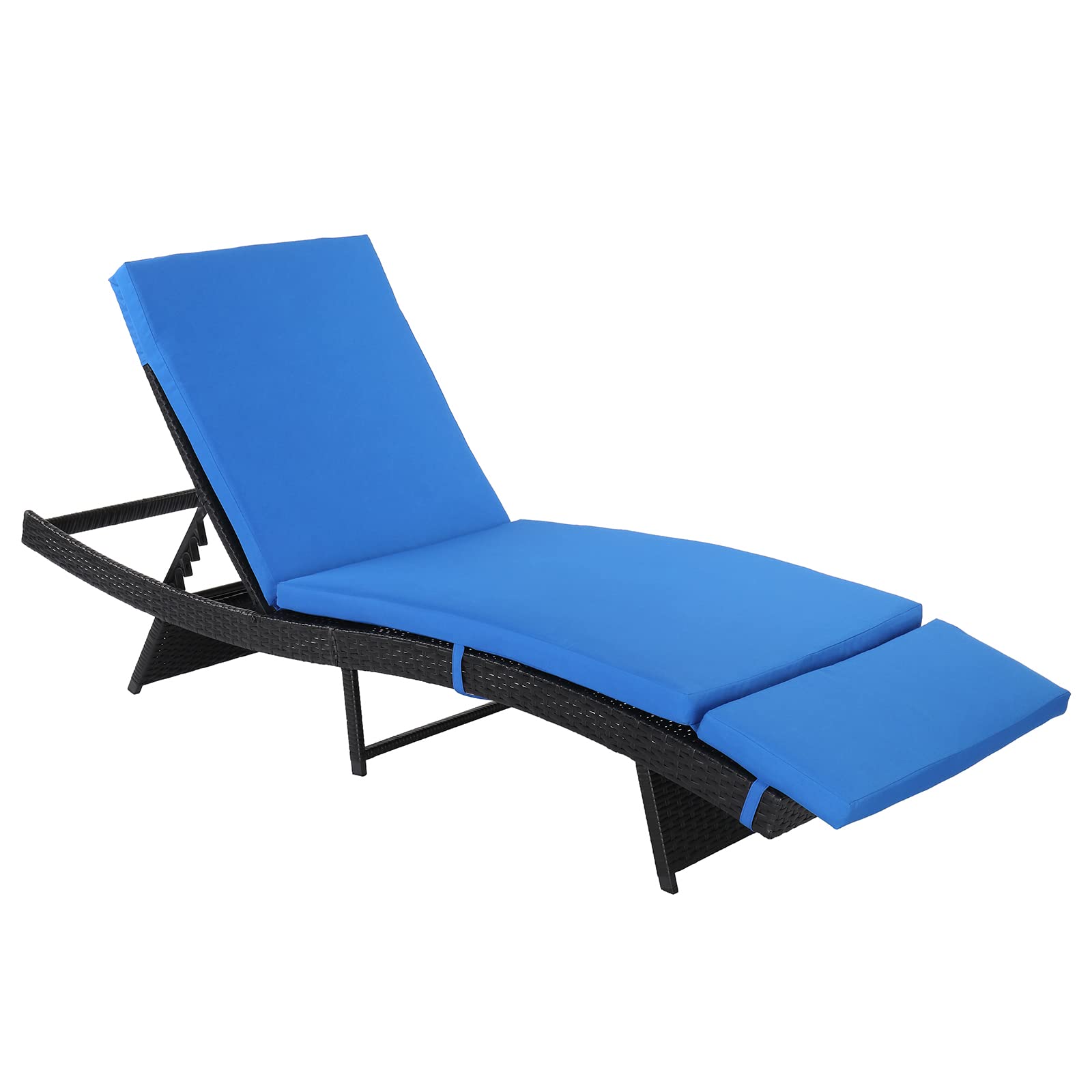 PE Rattan Chaise Lounge Chair, Outdoor Reclining Chaise Bed with Adjustable Backrest Easy to Move and Assemble Brown Rattan Perfect for Backyards, Poolside, Deck, Patio Blue Mat Load Capacity 333lbs