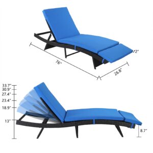 PE Rattan Chaise Lounge Chair, Outdoor Reclining Chaise Bed with Adjustable Backrest Easy to Move and Assemble Brown Rattan Perfect for Backyards, Poolside, Deck, Patio Blue Mat Load Capacity 333lbs