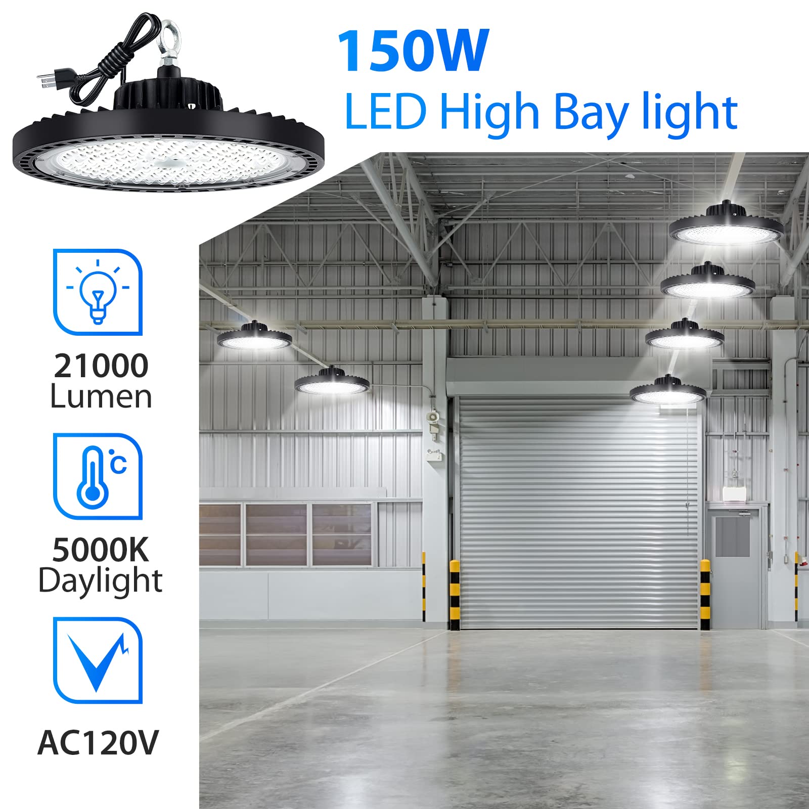 EVBFORU 6 Pack UFO LED High Bay Light 150W, High Bay LED Lights 21,000LM (160LM/W), 5000K LED Shop Light with IP66 Commercial Warehouse Area Light for Wet Location Area, Workshop, Garage