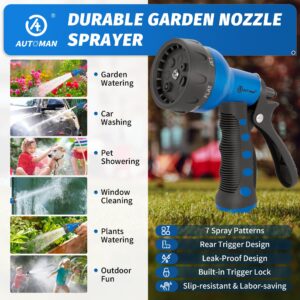 AUTOMAN-Garden-Hose-Nozzle,ABS Water Spray Nozzle with Heavy Duty 7 Adjustable Watering Patterns,Slip Resistant for Watering Plants,Lawn& Garden,Washing Cars,Cleaning,Showering Pets - Blue