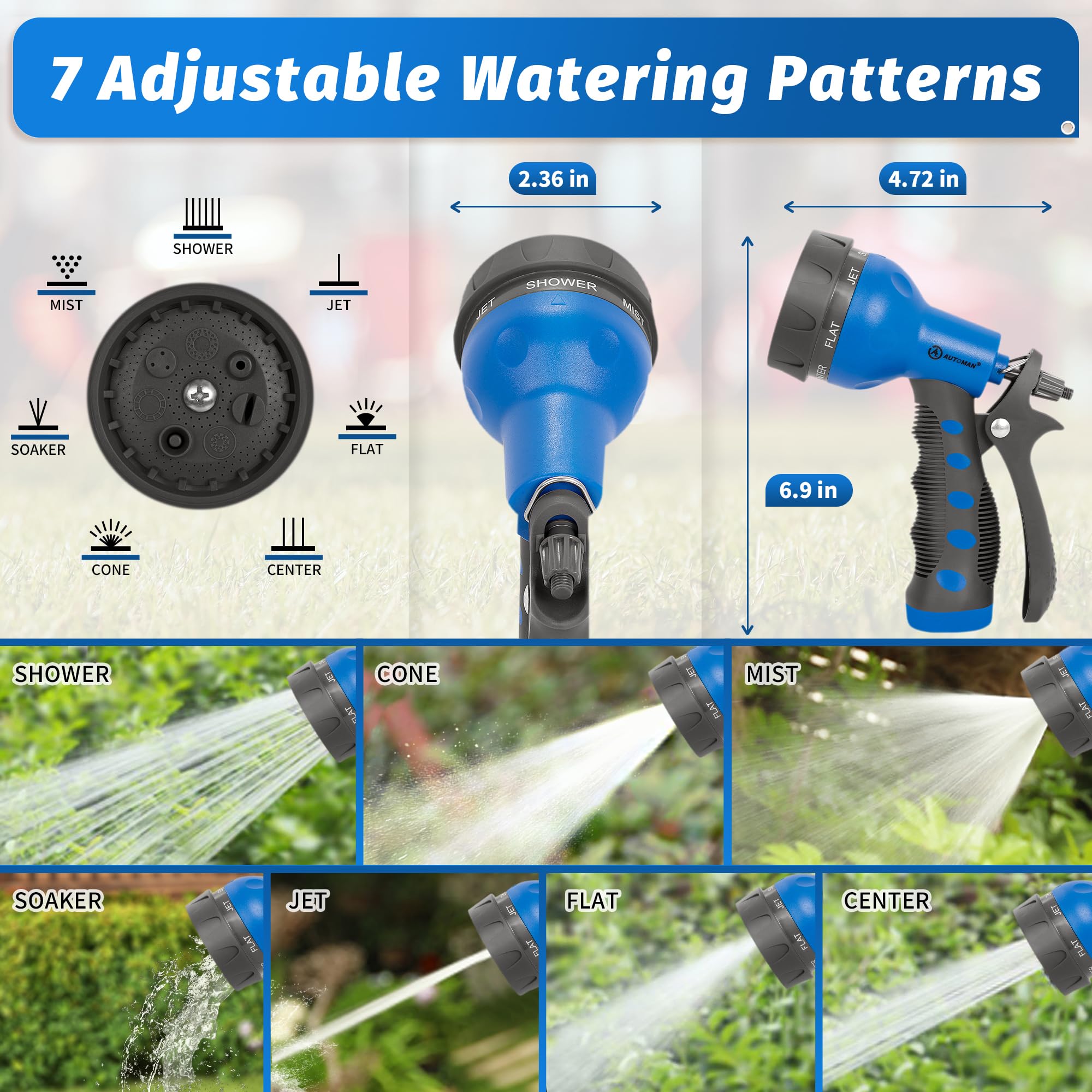 AUTOMAN-Garden-Hose-Nozzle,ABS Water Spray Nozzle with Heavy Duty 7 Adjustable Watering Patterns,Slip Resistant for Watering Plants,Lawn& Garden,Washing Cars,Cleaning,Showering Pets - Blue