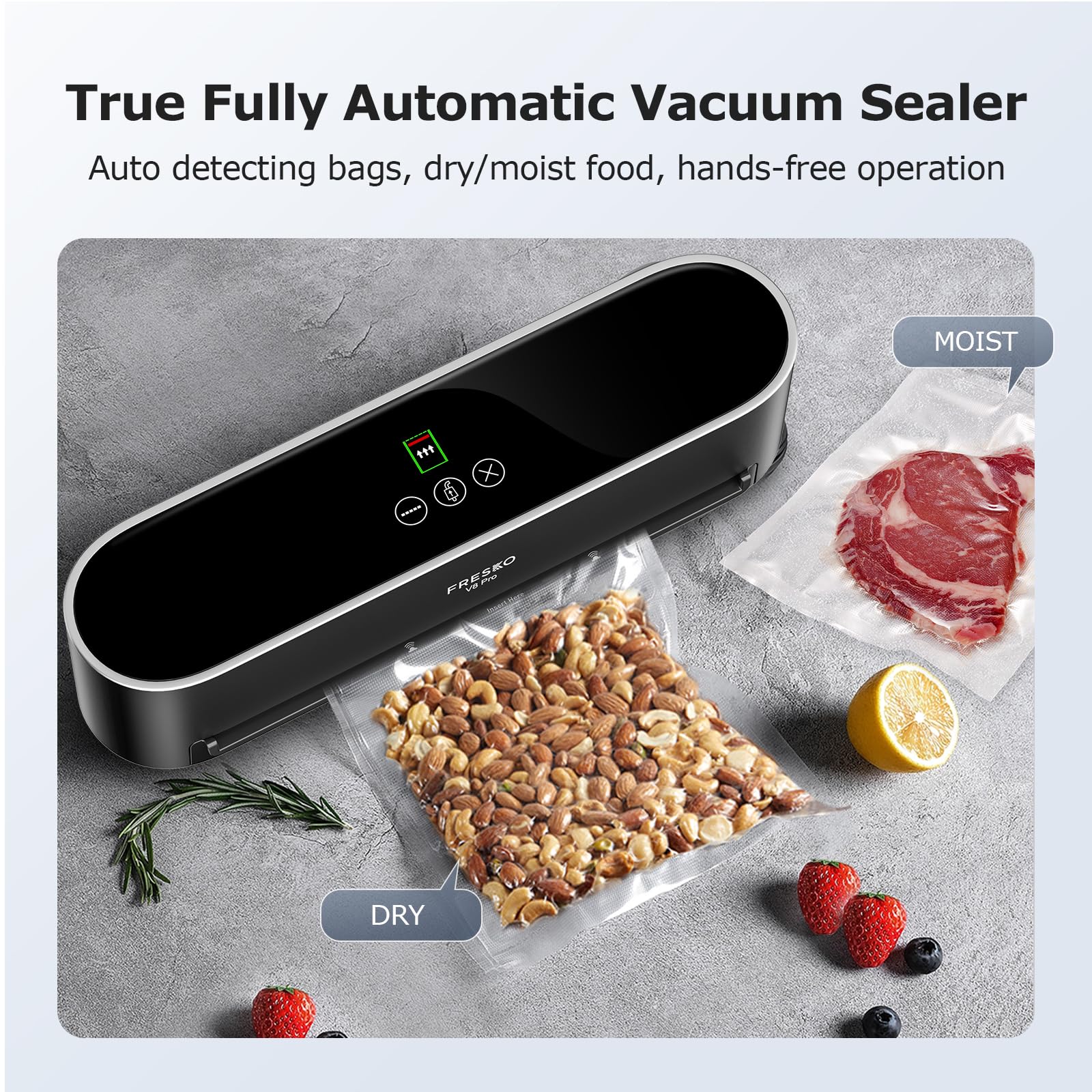 Fresko Full Automatic food vacuum sealer machine, Multi-Functional Food Sealer with Powerful Suction, Compact Design Hands-Free Vacuum Sealer for Food Storage with 10pcs Bags