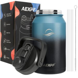 aexpf insulated water bottle 64 oz with three-use lid, stainless steel double wall vacuum wide mouth water bottle with straw, half gallon water jug for drinking, thermo mug metal canteen