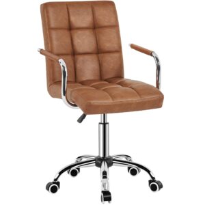 yaheetech pu leather office desk chair mid back height adjustable chair comfortable computer swivel chair w/armrests, retro brown