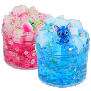 2 pack jelly cube crunchy slime kit, blue and pink clear crunchy slime, super soft crystal slime toy, for kids party favors and school education, stress relief toy for girls and boys