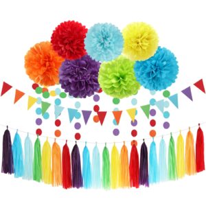 rainbow red-orange green-blue purple party-decorations - 30pcs tissue pom poms streamers, colorful theme tassel garland banner, boy girl kids birthday supplies,baby shower wedding decor ouruola