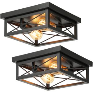 kondras 2-light industrial square flush mount ceiling light, farmhouse ceiling light fixture for kitchen, modern black close to ceiling light for hallway bedroom balcony porch stairway, e26, 2-pack