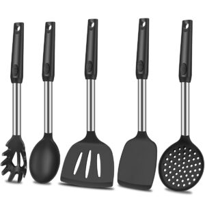 klaqqed 5pcs silicone spatula heat resistant long large spatulas set for nonstick cookware, rubber pancake fish turner spatula for kitchen use silicone spatula cooking kitchen utensils set black