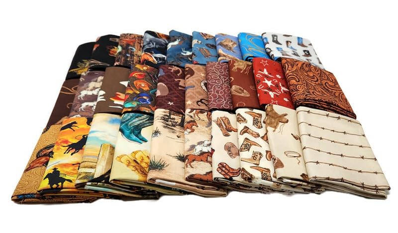 10 Fat Quarters - Assorted Western Cowboys Old West Out West Horses Rodeo Horse Lasso Boots Horseshoes Quilters Cotton Fabric Bundle M221.11