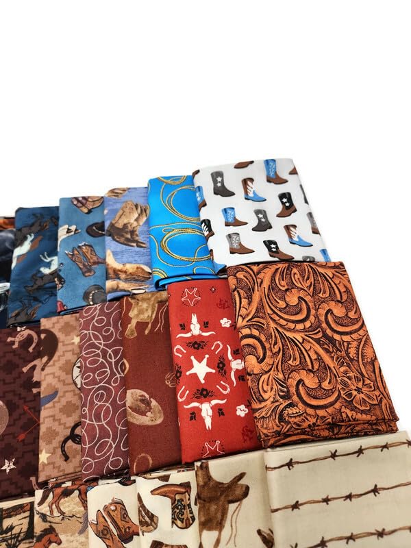 10 Fat Quarters - Assorted Western Cowboys Old West Out West Horses Rodeo Horse Lasso Boots Horseshoes Quilters Cotton Fabric Bundle M221.11