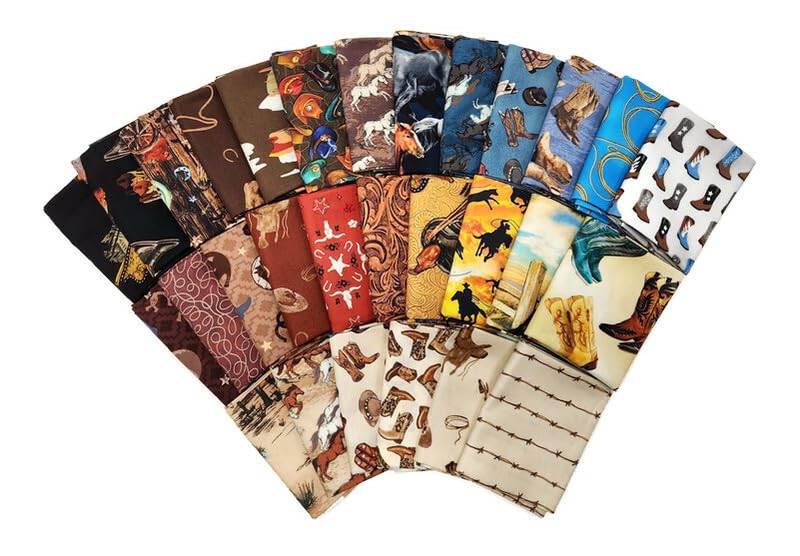 10 Fat Quarters - Assorted Western Cowboys Old West Out West Horses Rodeo Horse Lasso Boots Horseshoes Quilters Cotton Fabric Bundle M221.11