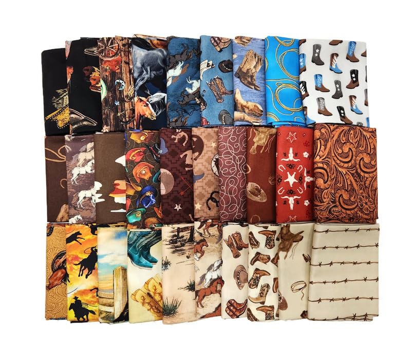 10 Fat Quarters - Assorted Western Cowboys Old West Out West Horses Rodeo Horse Lasso Boots Horseshoes Quilters Cotton Fabric Bundle M221.11