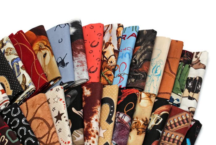 10 Fat Quarters - Assorted Western Cowboys Old West Out West Horses Rodeo Horse Lasso Boots Horseshoes Quilters Cotton Fabric Bundle M221.11