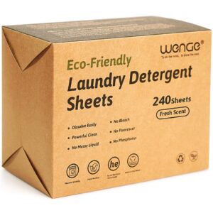 wenge laundry detergent sheets eco-friendly 240 sheets no plastic jug, liquidless technology hypoallergenic washing sheets for home dorm travel camping, hand washing clean no mess fresh scent