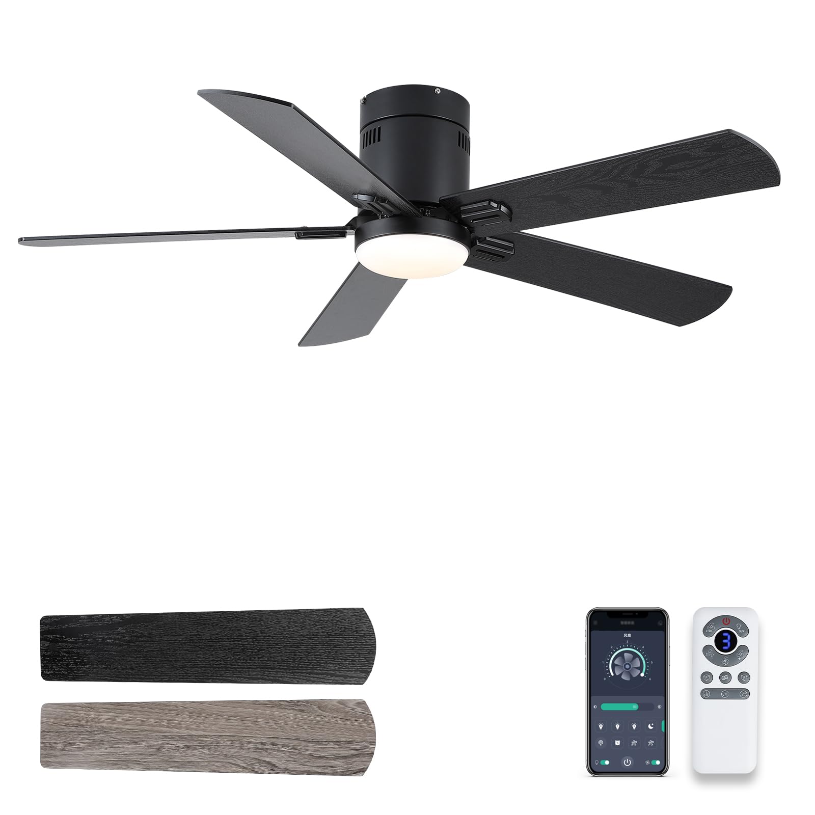 Flush Mount Ceiling Fan with Lights, 52’’ Black Ceiling Fan with Light, 3 Color Temperatures, 6 Fan Speeds, Timer Remote, Silent Reversible DC Motor, for Patio, Farmhouse, Bedroom