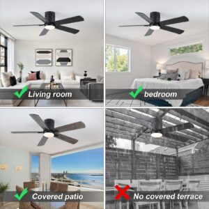 Flush Mount Ceiling Fan with Lights, 52’’ Black Ceiling Fan with Light, 3 Color Temperatures, 6 Fan Speeds, Timer Remote, Silent Reversible DC Motor, for Patio, Farmhouse, Bedroom