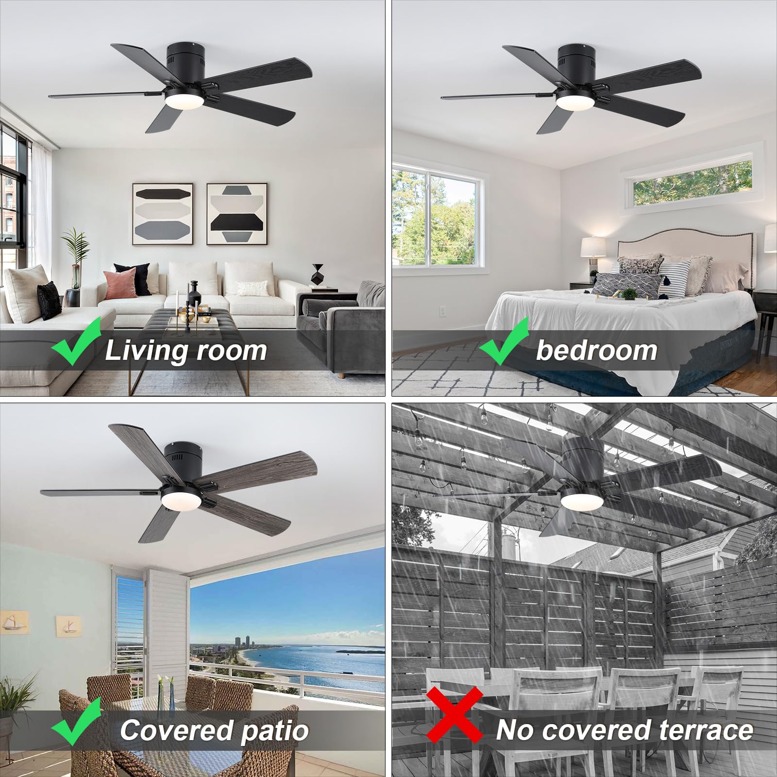 Flush Mount Ceiling Fan with Lights, 52’’ Black Ceiling Fan with Light, 3 Color Temperatures, 6 Fan Speeds, Timer Remote, Silent Reversible DC Motor, for Patio, Farmhouse, Bedroom