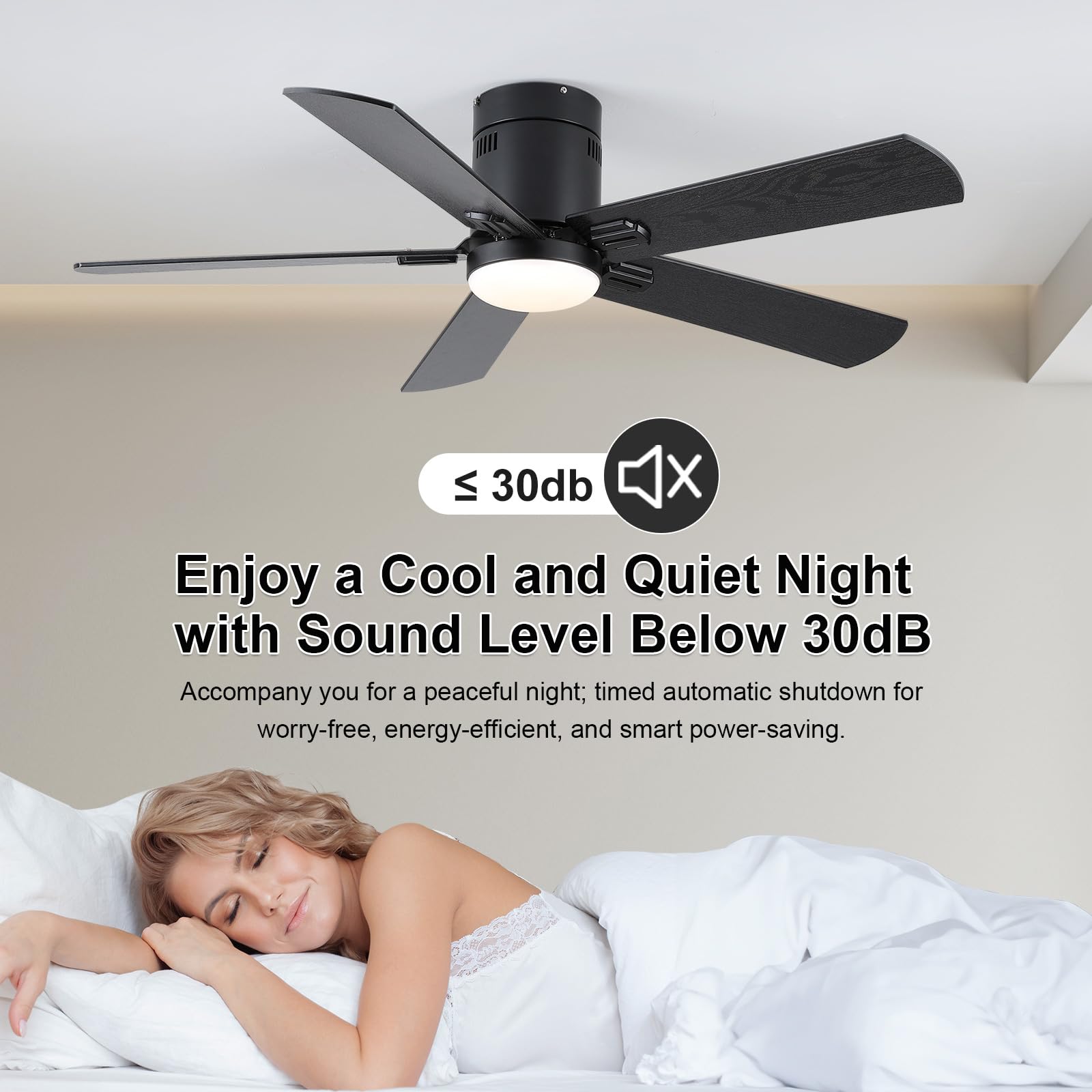 Flush Mount Ceiling Fan with Lights, 52’’ Black Ceiling Fan with Light, 3 Color Temperatures, 6 Fan Speeds, Timer Remote, Silent Reversible DC Motor, for Patio, Farmhouse, Bedroom