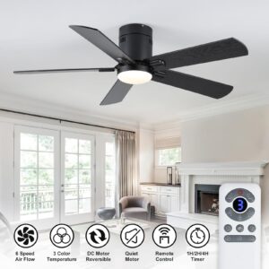 Flush Mount Ceiling Fan with Lights, 52’’ Black Ceiling Fan with Light, 3 Color Temperatures, 6 Fan Speeds, Timer Remote, Silent Reversible DC Motor, for Patio, Farmhouse, Bedroom