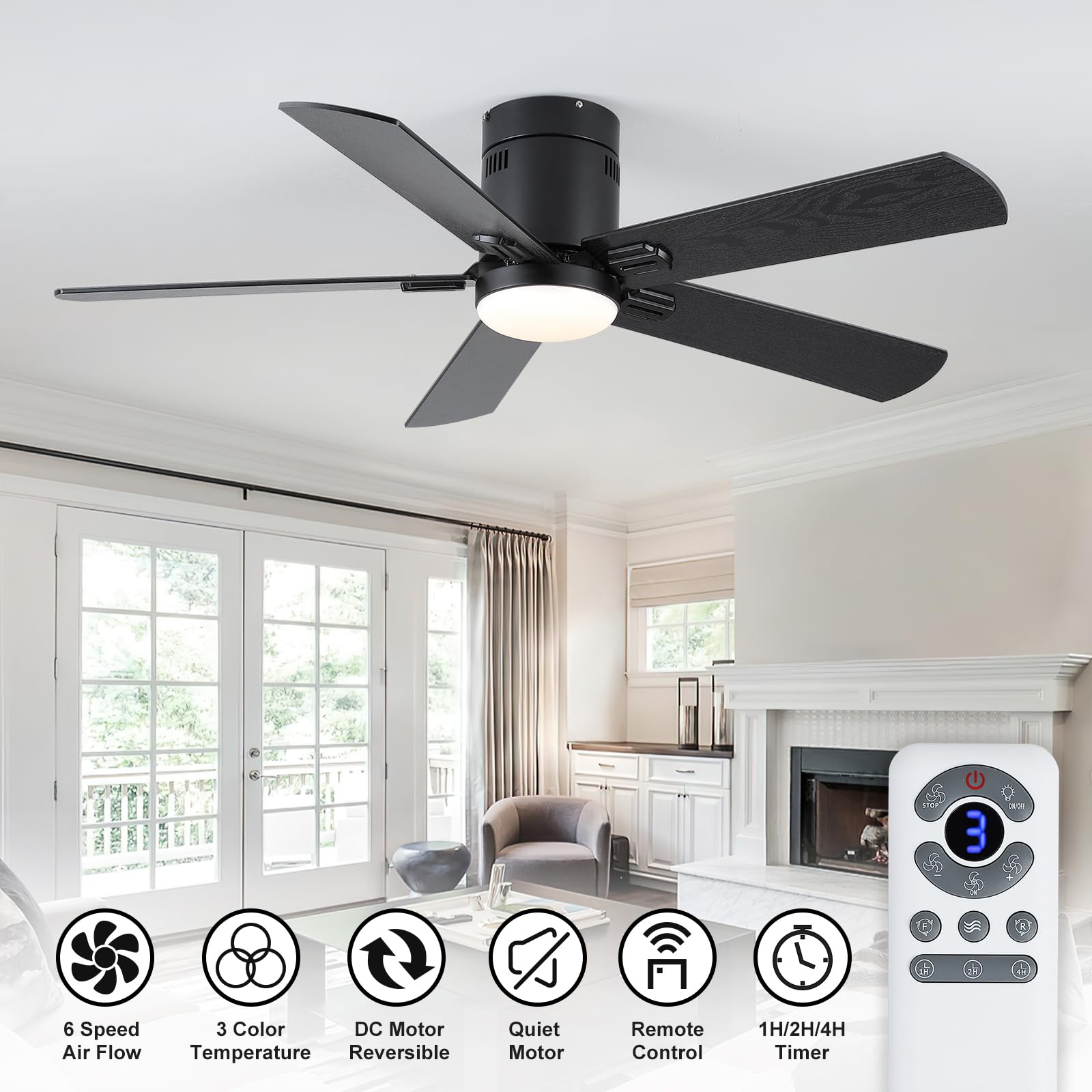 Flush Mount Ceiling Fan with Lights, 52’’ Black Ceiling Fan with Light, 3 Color Temperatures, 6 Fan Speeds, Timer Remote, Silent Reversible DC Motor, for Patio, Farmhouse, Bedroom