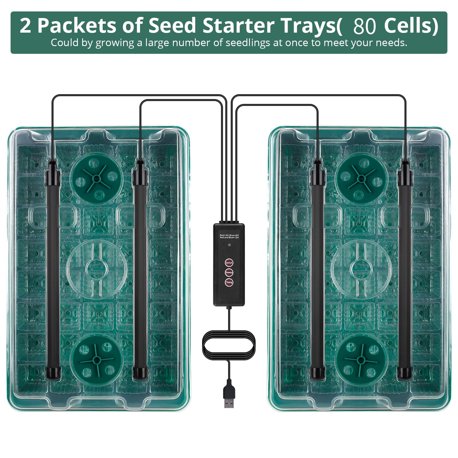 Sondiko Seed Starter Tray with Grow Light, 2 Pack 80 Cells Seed Starter Kit with Humidity Dome, Adjustable Brightness Plant Starter Trays, Indoor Plants Germination Kit