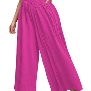 WDIRARA Women's Plus Size Pleated Elastic Waist Wide Leg Casual Long Pants Hot Pink 1XL