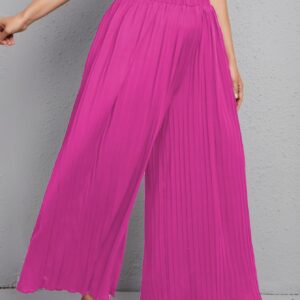 WDIRARA Women's Plus Size Pleated Elastic Waist Wide Leg Casual Long Pants Hot Pink 1XL