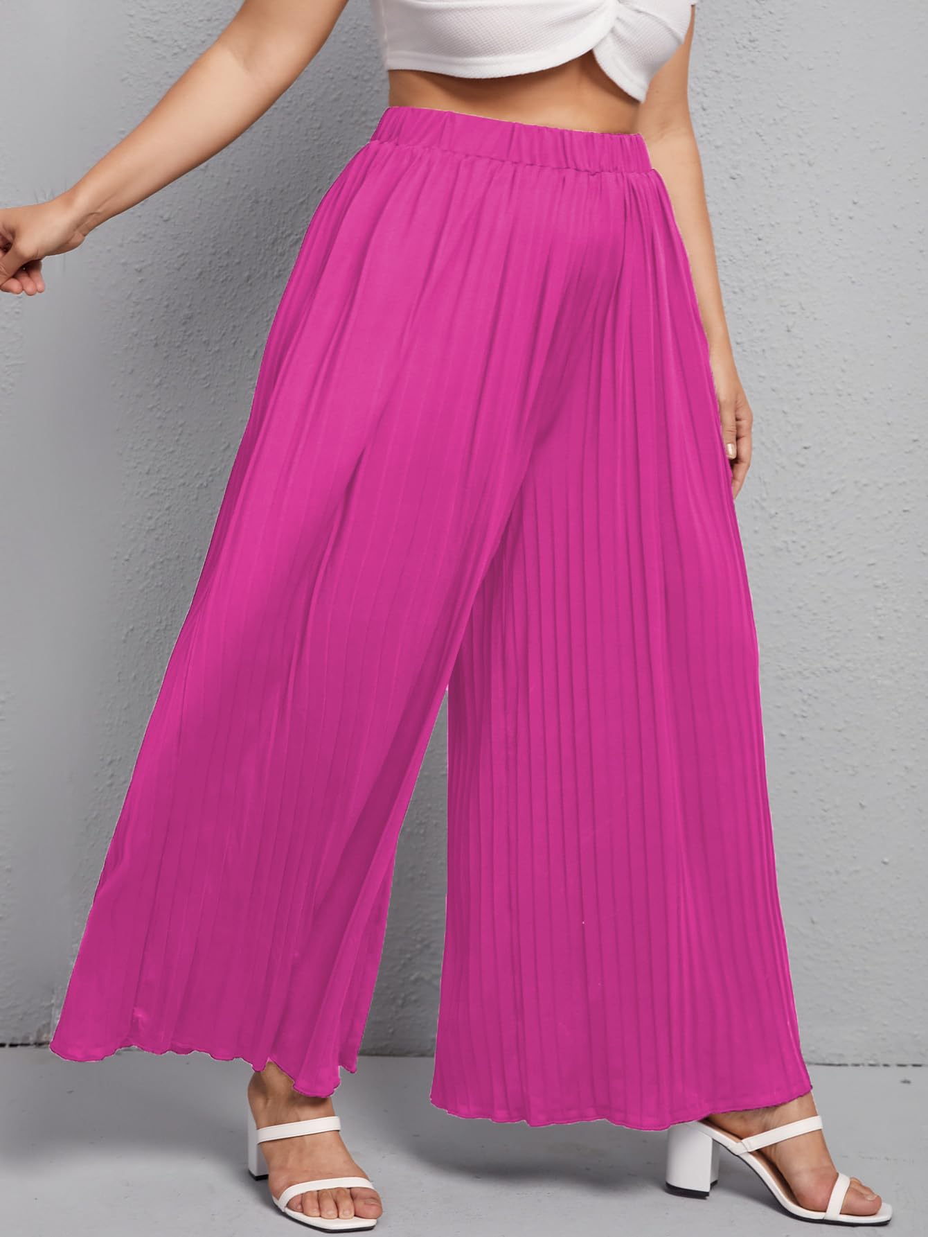 WDIRARA Women's Plus Size Pleated Elastic Waist Wide Leg Casual Long Pants Hot Pink 1XL